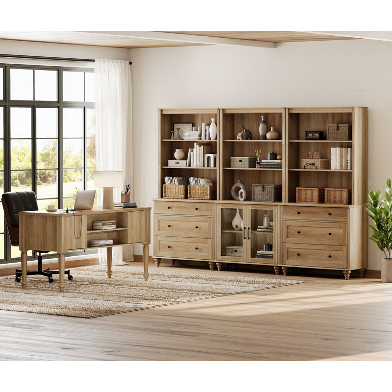 Alcott Hill® 2 - Piece Office Set, 56" Executive Desk, Bookcases With 3 Drawers And 2 Glass ...